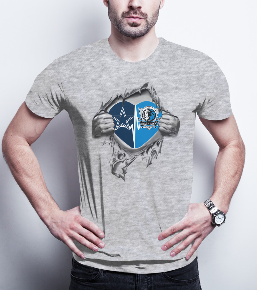 Cowboys Mavericks Heart Design With Split Logos And Torn Hands T-Shirt
