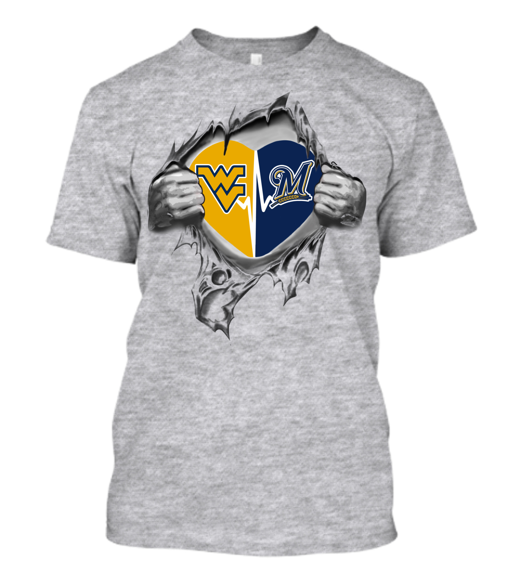 West Virginia Mountaineers Milwaukee Brewers Heart Inside Torn T-Shirt