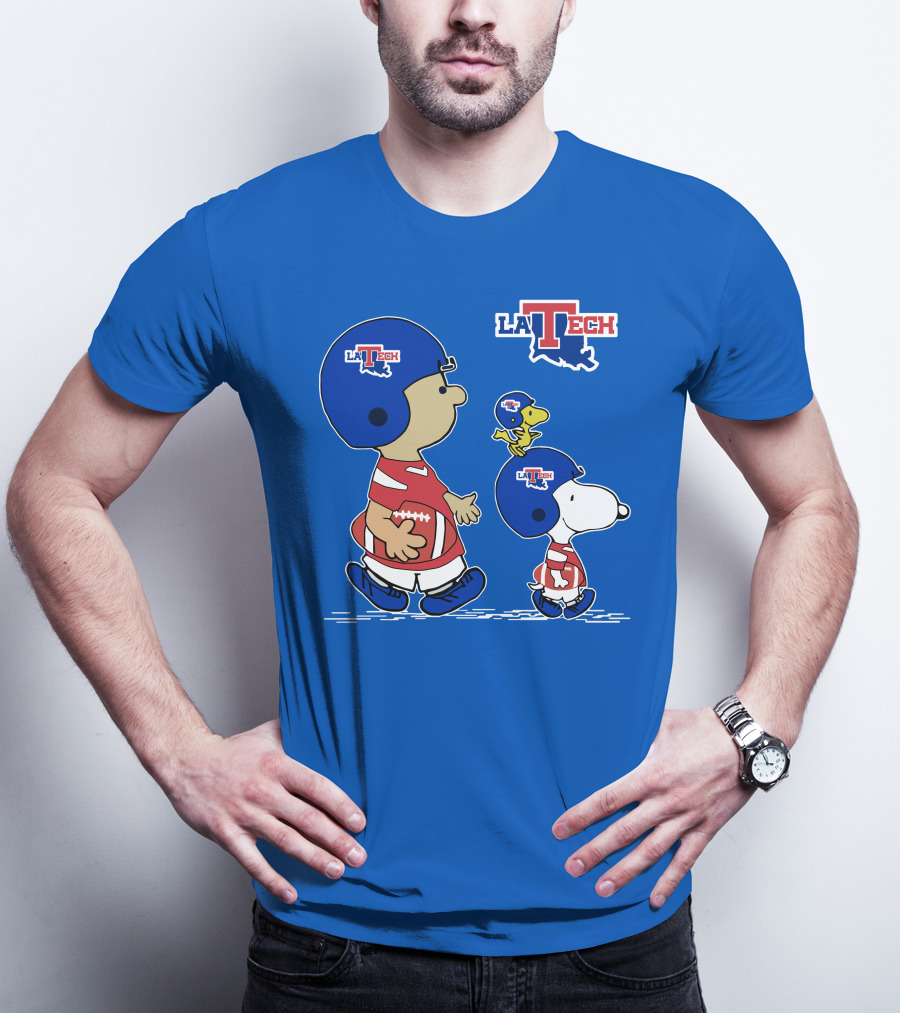LA Tech Snoopy Football Helmet With Woodstock And Charlie Brown T-Shirt
