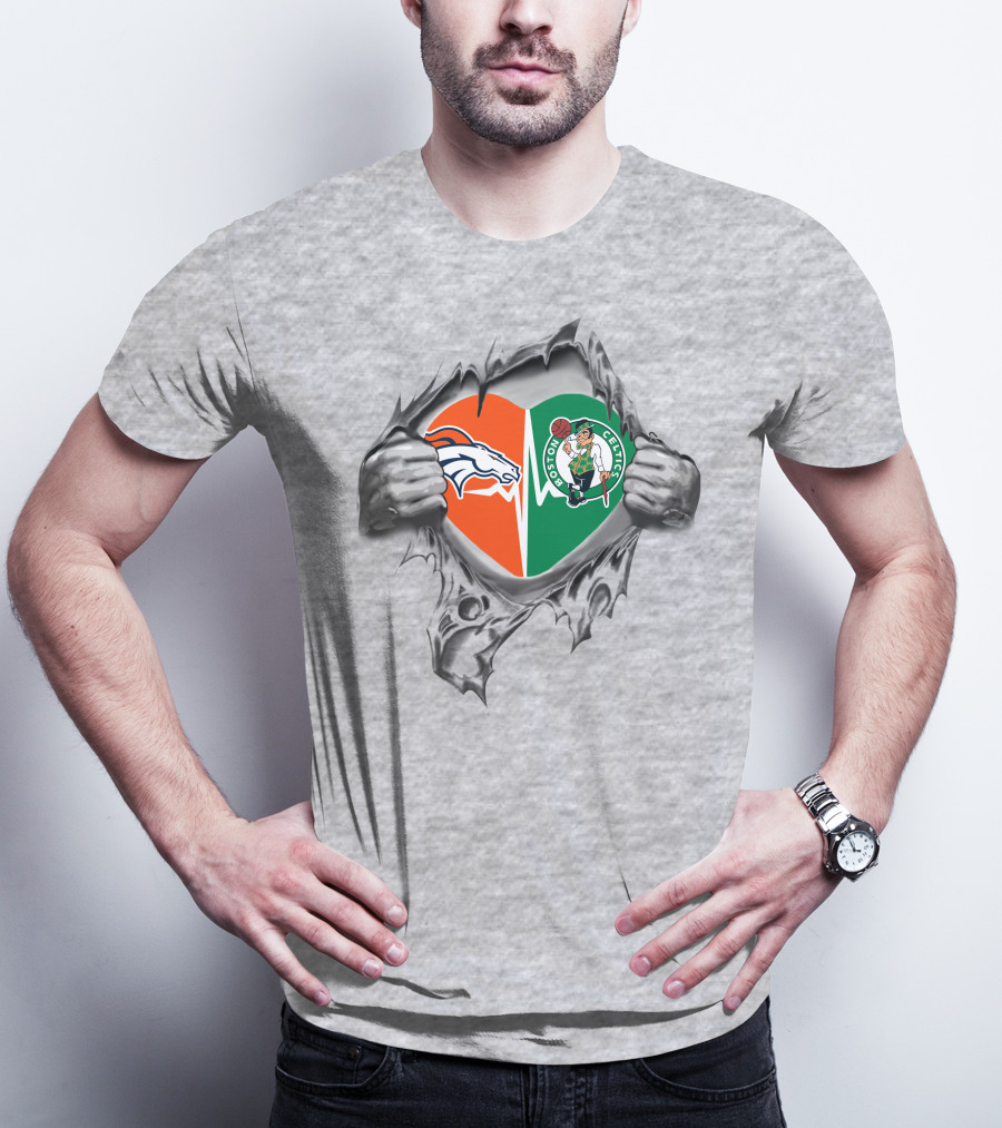 Heart Torn Open Broncos Celtics Fusion T-Shirt