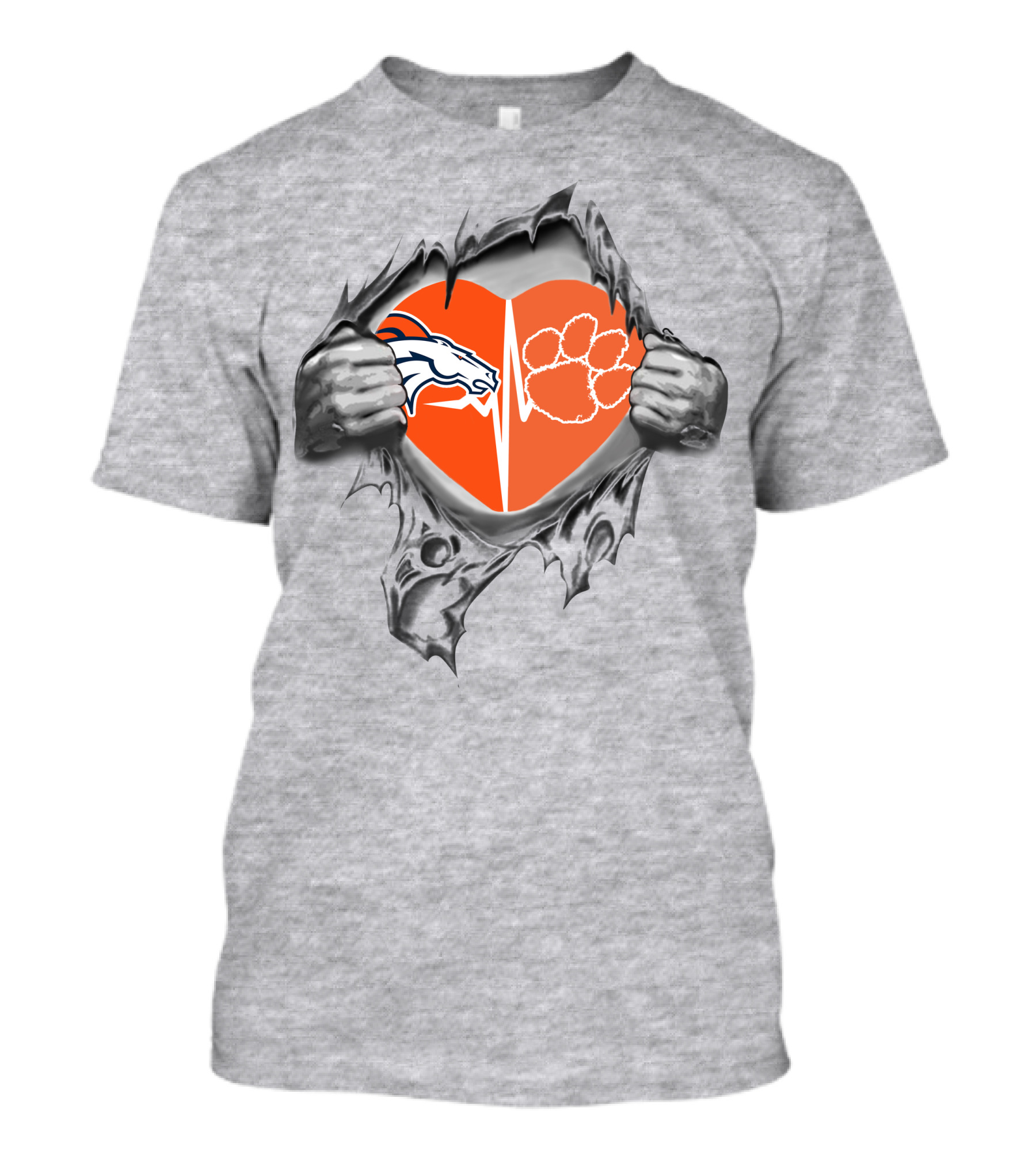 Broncos Clemson Tigers Heart Design Dual Logo With Rip Effect T-Shirt