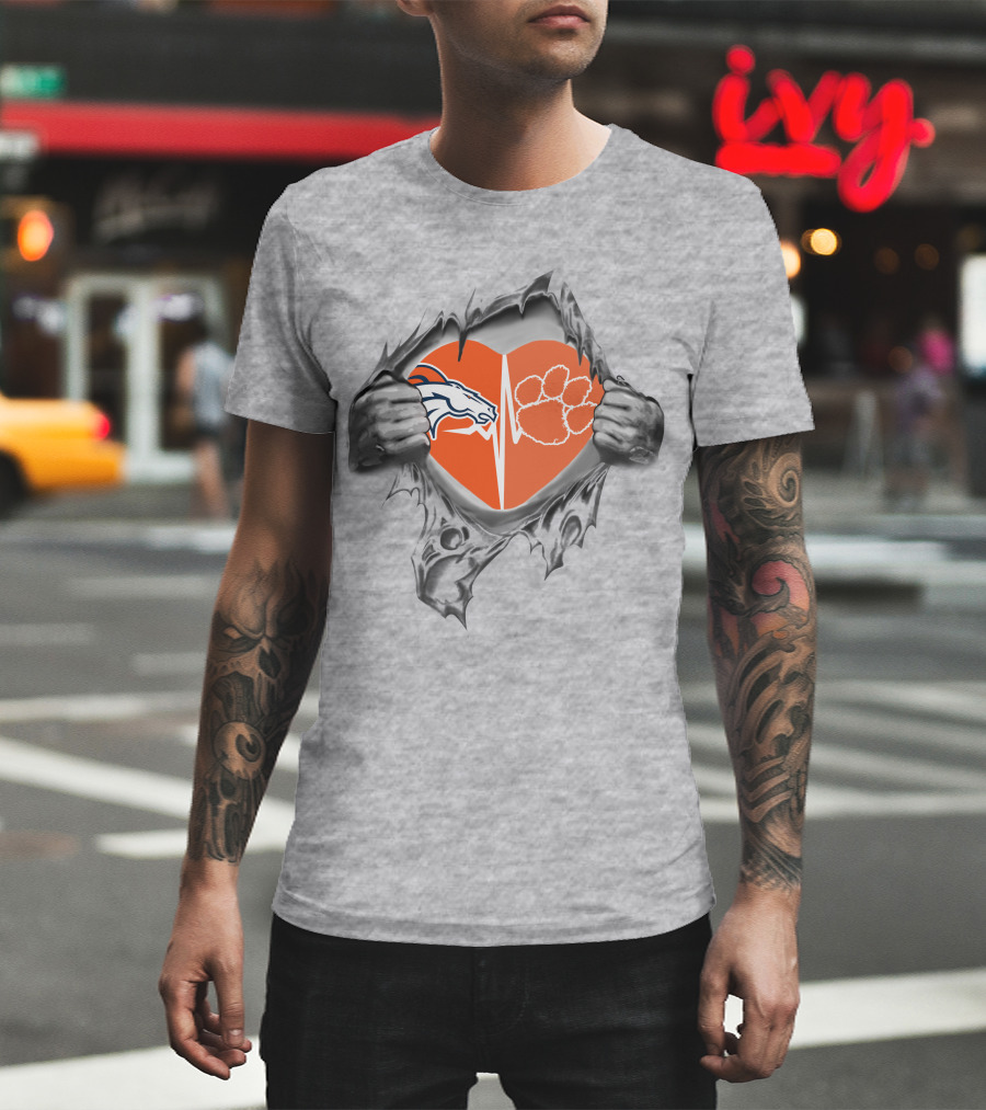 Broncos Clemson Tigers Heart Design Dual Logo With Rip Effect T-Shirt