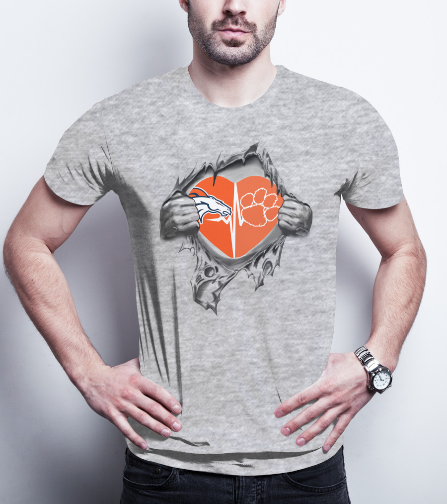 Broncos Clemson Tigers Heart Design Dual Logo With Rip Effect T-Shirt