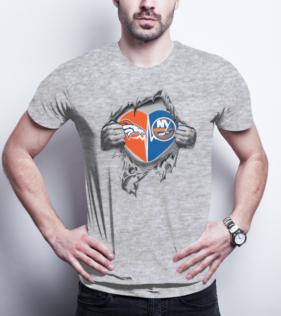 Broncos Islanders Heart Ripped Open Passion Nfl Nhl Team Spirit T-Shirt