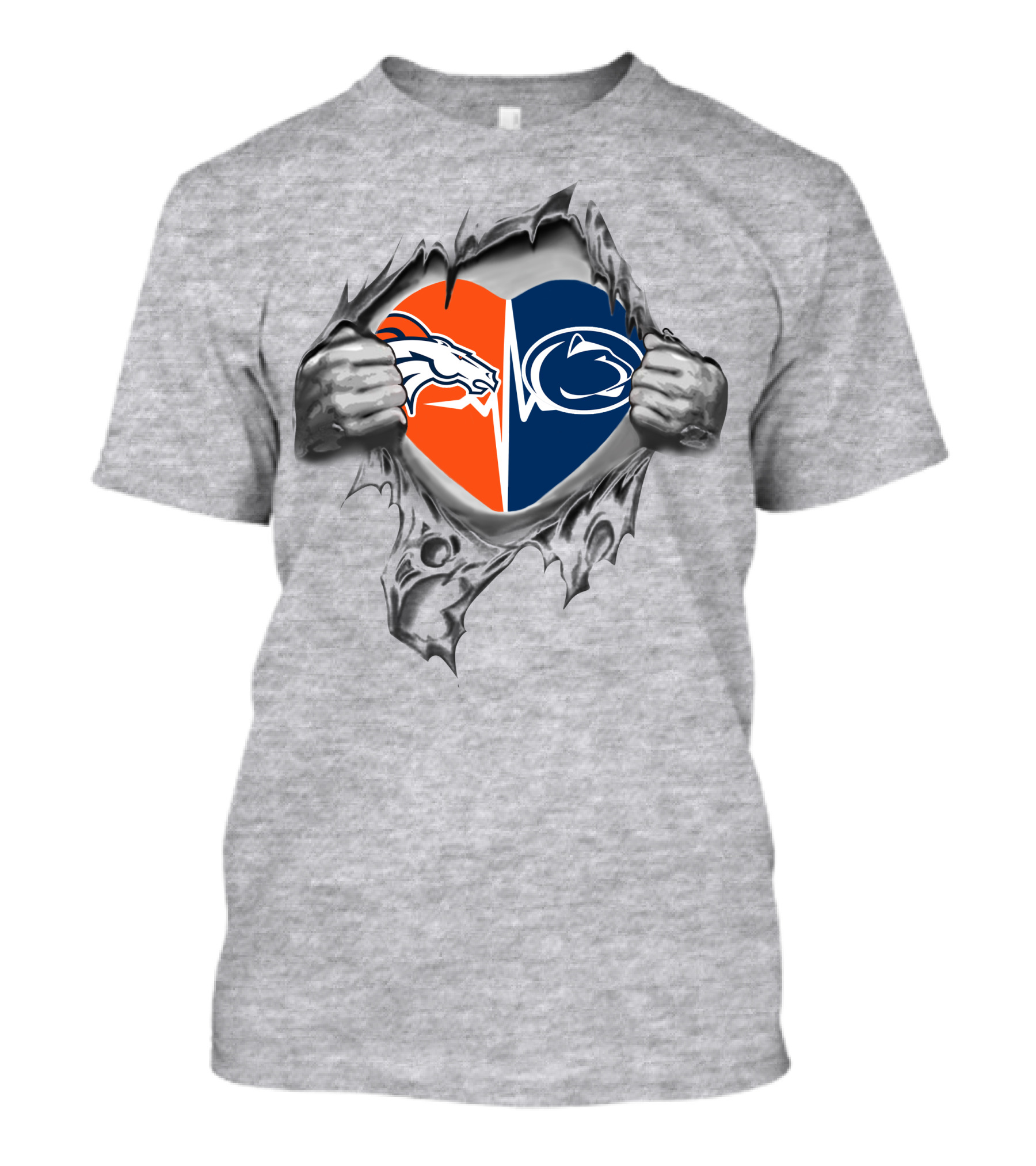 Broncos Penn State Heart Logos Tearing Hands Silver T-Shirt
