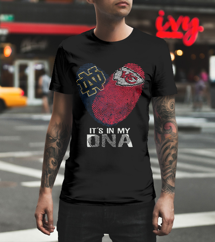Notre Dame And Kansas City Chiefs Fingerprint Heart It's In My DNA T-Shirt
