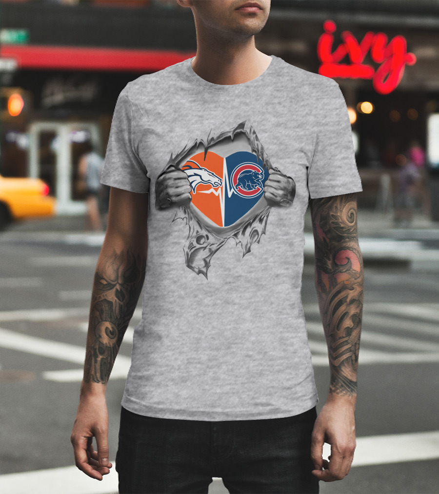 Broncos Cubs Heart Design In Ripped Grey T-Shirt