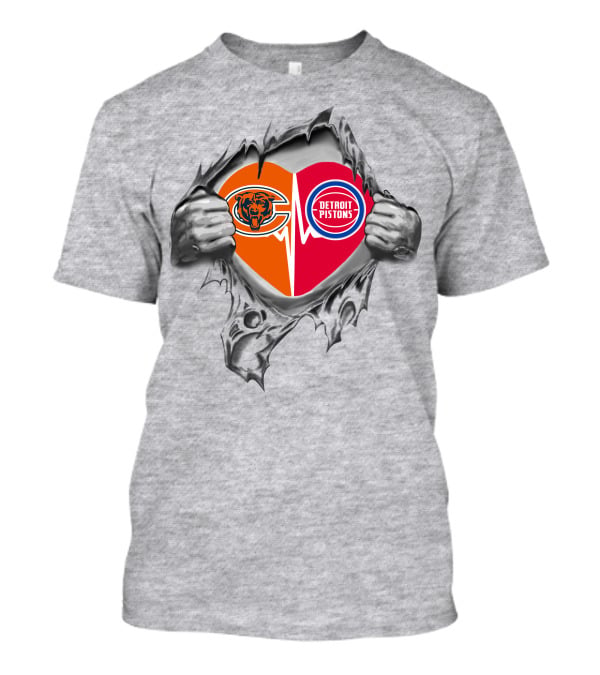 Chicago Bears Detroit Pistons Heart Torn Steel T-Shirt
