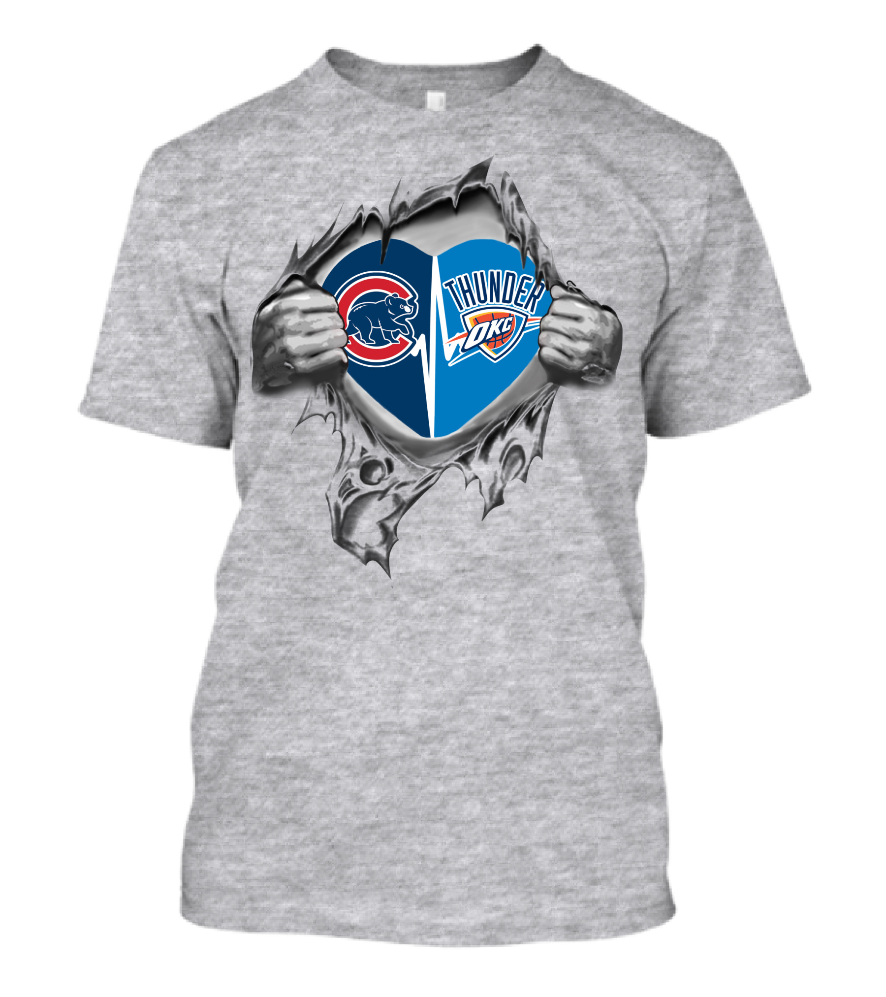 Cubs Thunder Heart Split - Chicago Cubs OKC Thunder Fan Passion T-Shirt