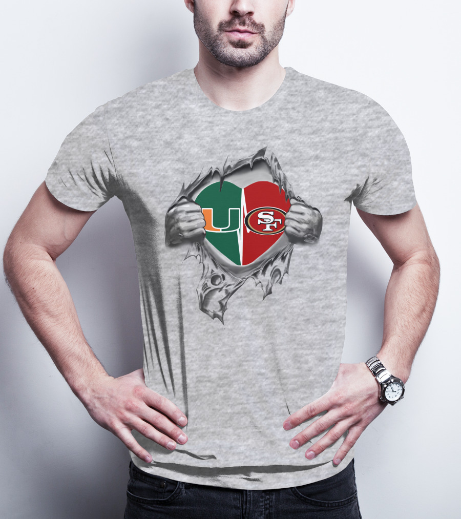 University Of Miami Hurricanes And San Francisco 49ers Split Heart T-Shirt