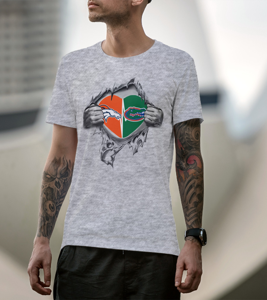 Broncos Gators Heart With Tearing Hands T-Shirt