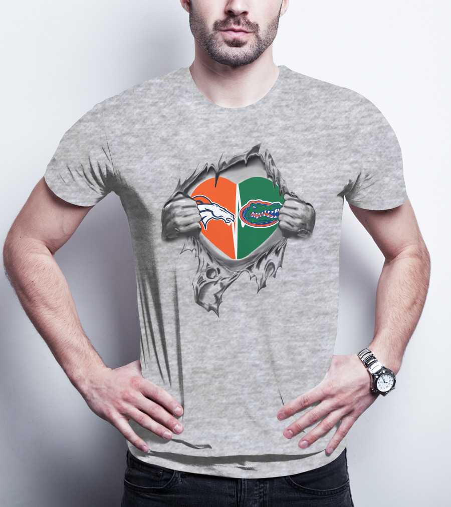 Broncos Gators Heart With Tearing Hands T-Shirt