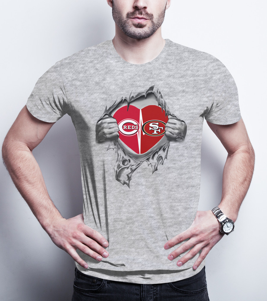 San Francisco 49ers And Cincinnati Reds Heart Tear T-Shirt