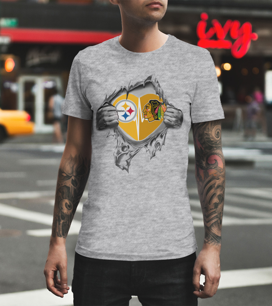 Steelers Blackhawks Heart Exposed Through Torn Surface Hands T-Shirt