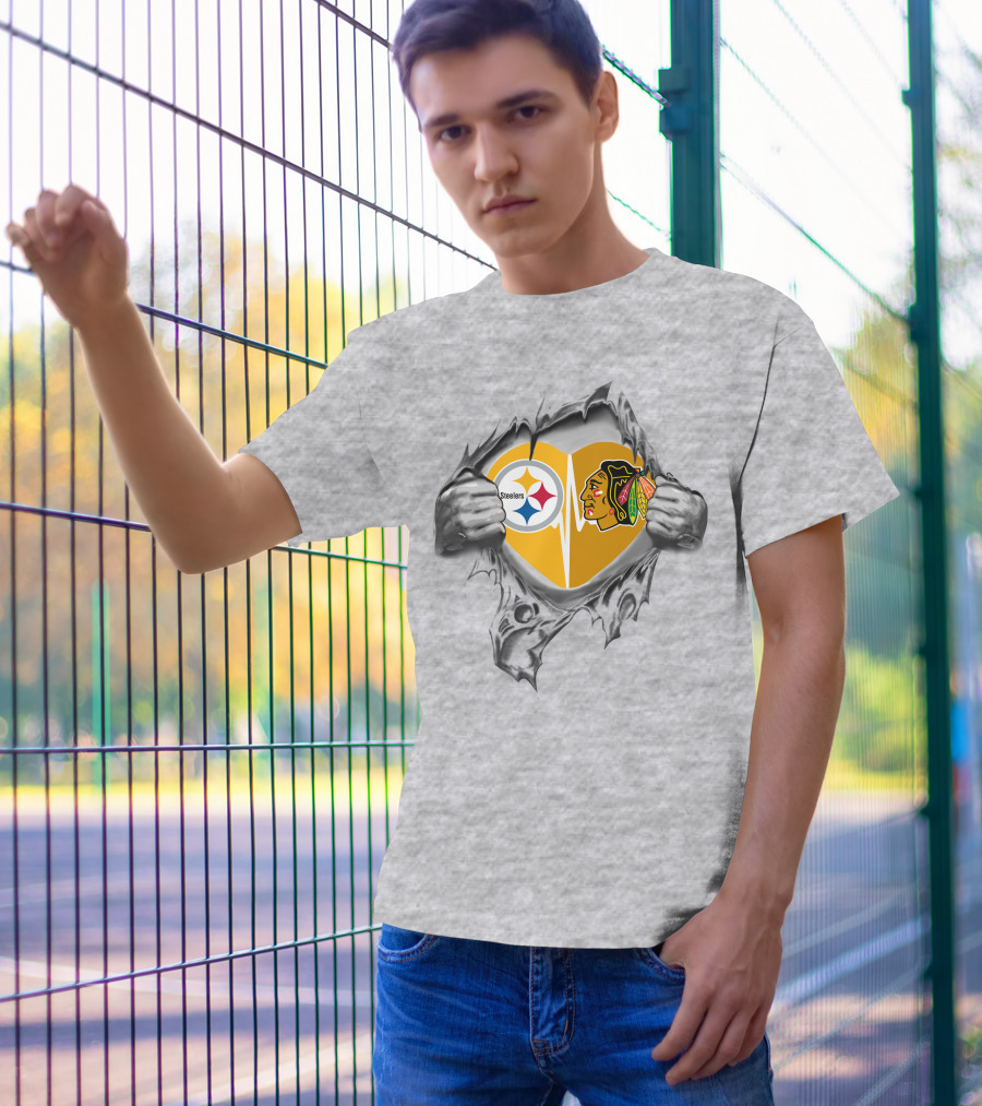 Steelers Blackhawks Heart Exposed Through Torn Surface Hands T-Shirt