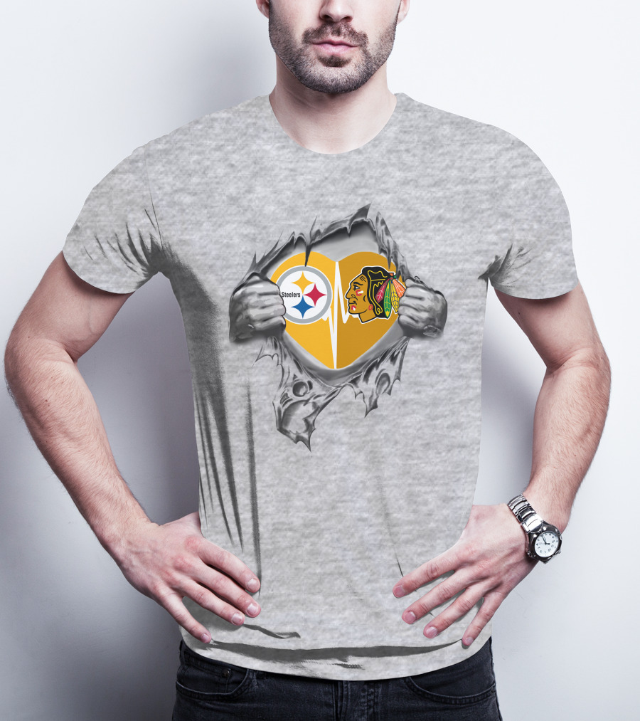 Steelers Blackhawks Heart Exposed Through Torn Surface Hands T-Shirt