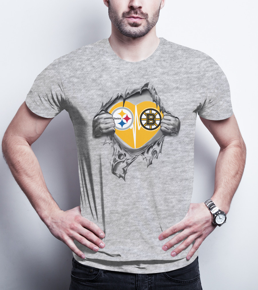 Steelers Bruins Heart Torn Open With Logos T-Shirt
