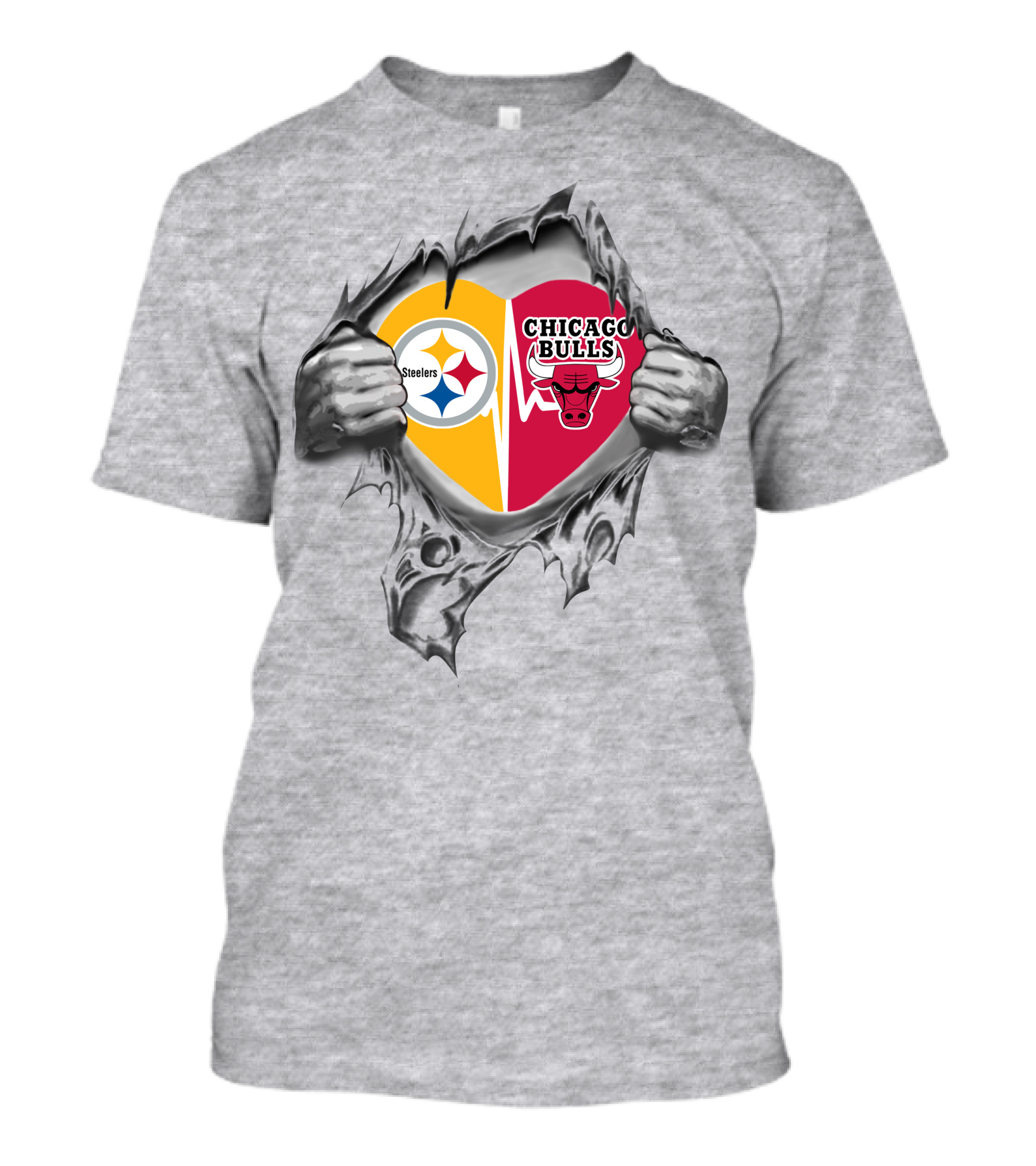 Steelers Chicago Bulls Heart Rip Steel Football Basketball Fusion T-Shirt