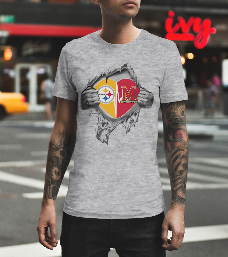 Steelers Maryland Heartbeat Symbol With Torn Gray Background T-Shirt