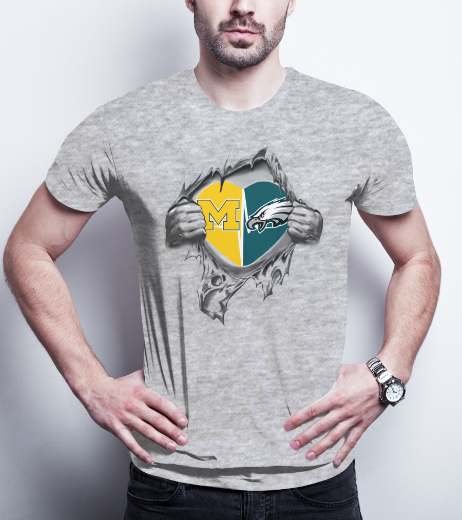 Michigan And Philadelphia Eagles Heart Unity T-Shirt