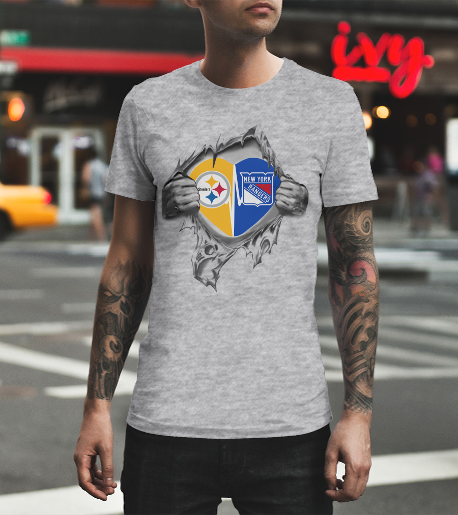 Steelers New York Rangers Heart Steel Tear T-Shirt