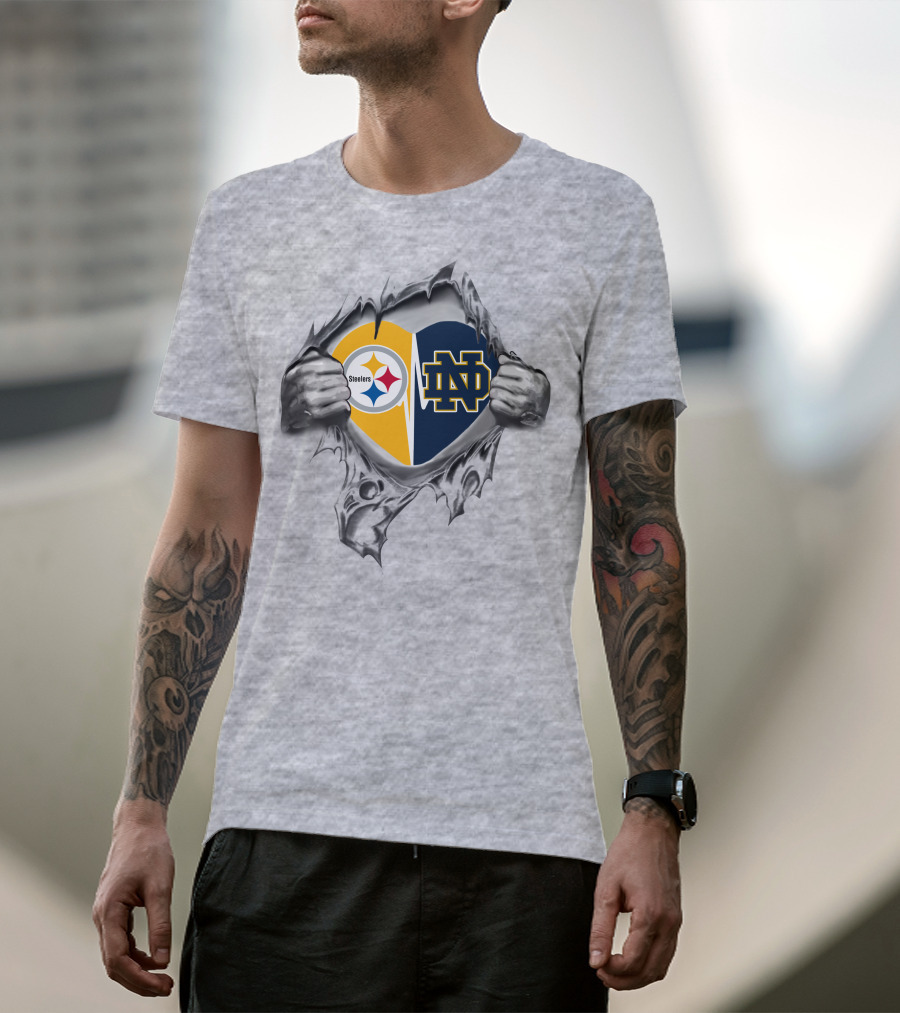 Steelers Notre Dame Logos Torn Heart T-Shirt