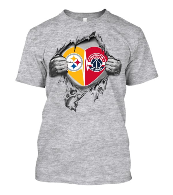 Steelers Washington Wizards Logos Heart Symbol With Bold Rip Effect T-Shirt