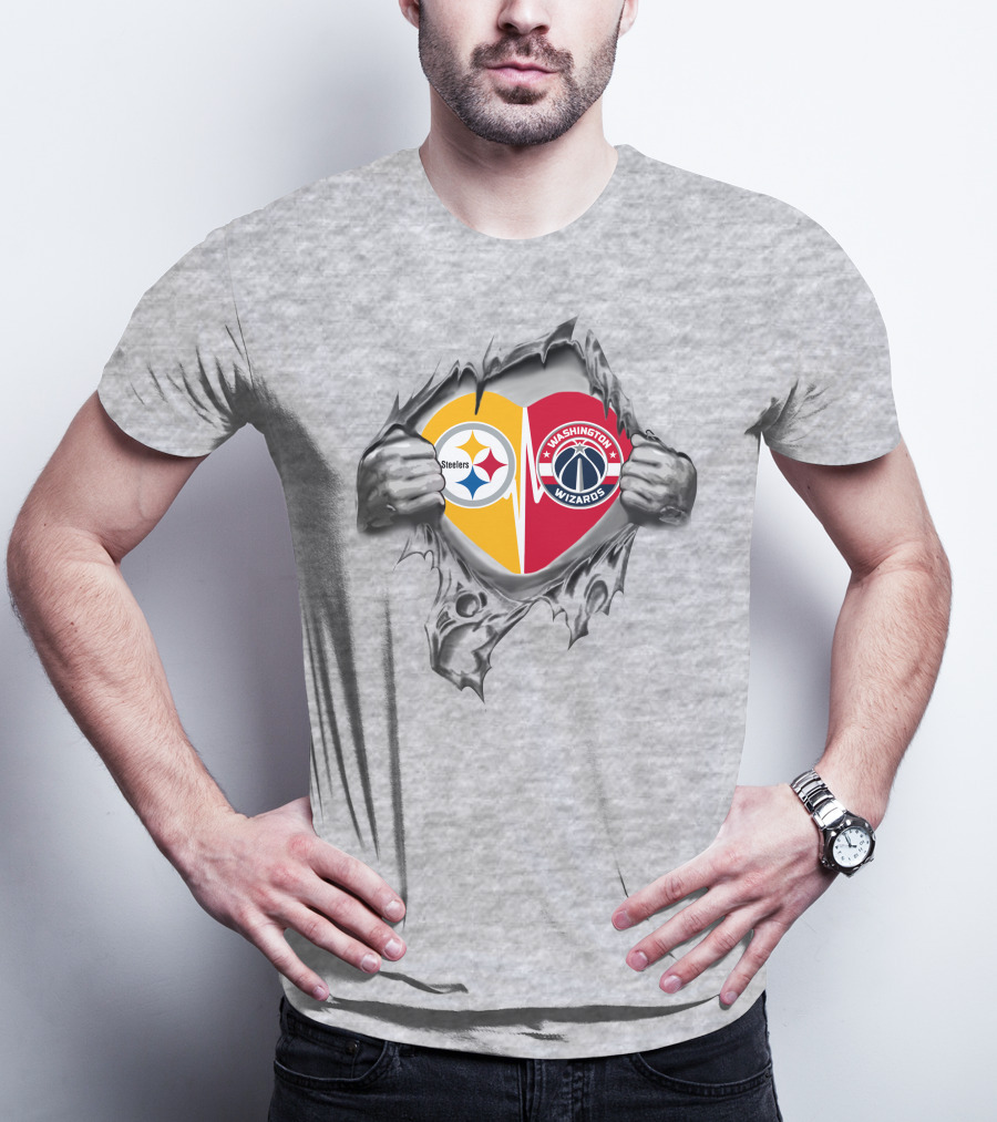 Steelers Washington Wizards Logos Heart Symbol With Bold Rip Effect T-Shirt