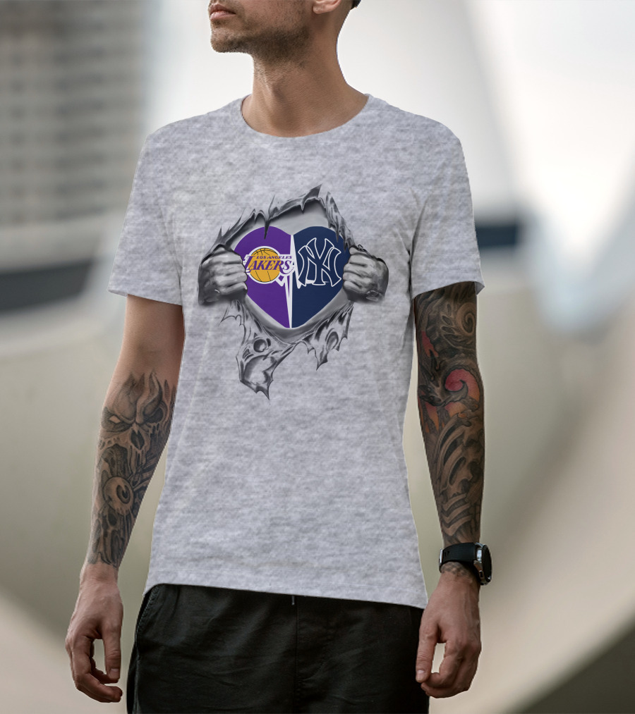Lakers Yankees Heart With Torn Hands Displaying Team T-Shirt