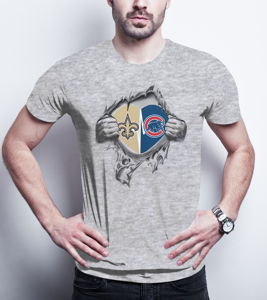 Saints Cubs Heart Split With Fleur-de-Lis And Bear T-Shirt