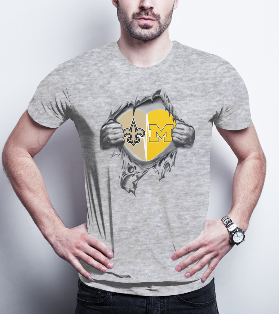 Saints And Michigan Heart Symbol With Fleur-de-lis And Block M T-Shirt
