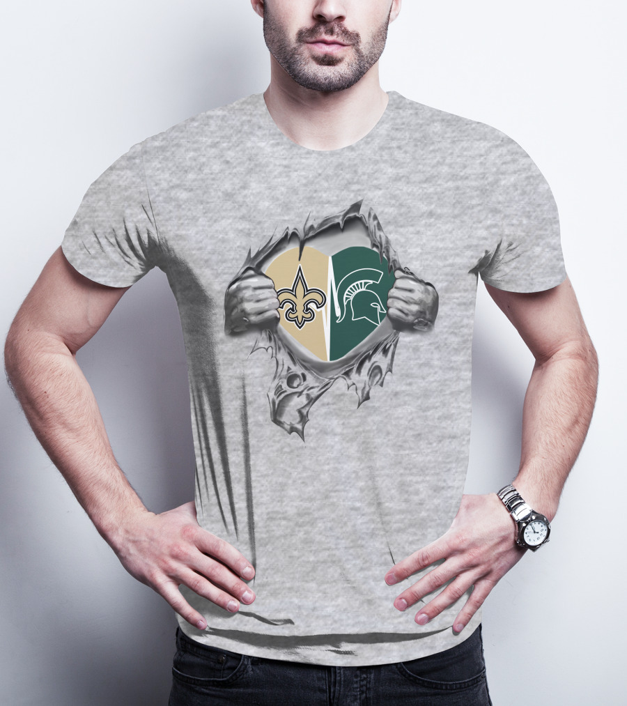 Saints Fleur-de-Lis And Spartans Helmet Split Heart T-Shirt