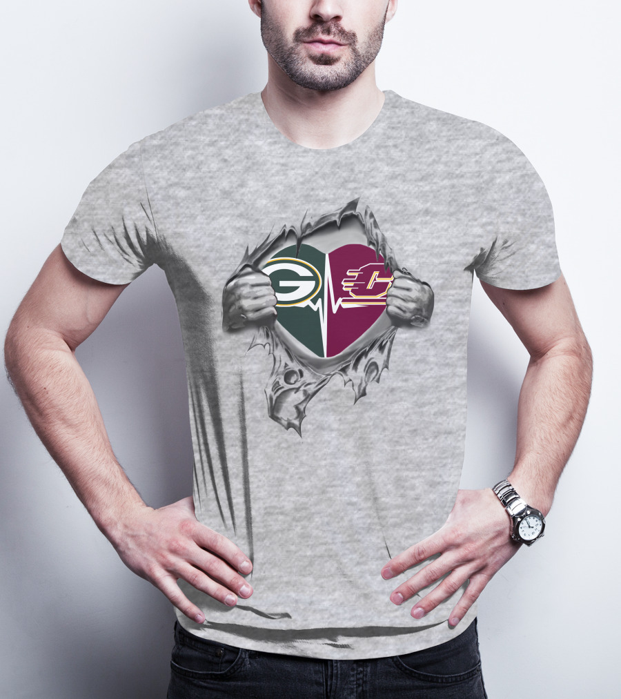 Green Bay Packers Central Michigan Chippewas Heartbeat Logo Fusion T-Shirt