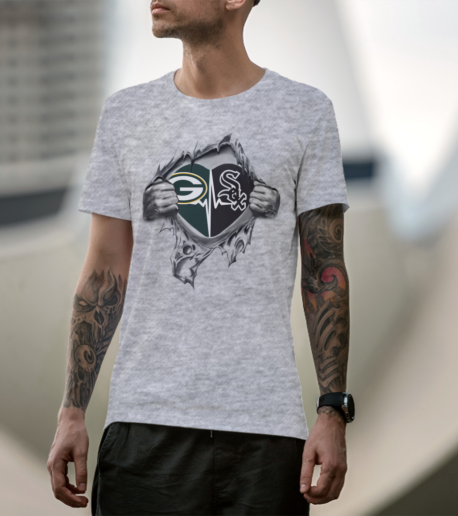 Green Bay Packers Chicago White Sox Heart Torn Open T-Shirt