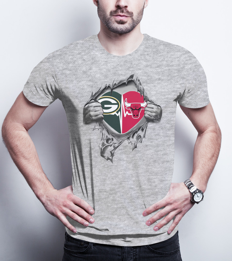 Green Bay Packers Chicago Bulls Heart Logo Fusion T-Shirt