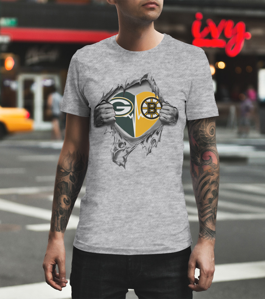 Green Bay Packers Boston Bruins Heart Logo Fusion T-Shirt