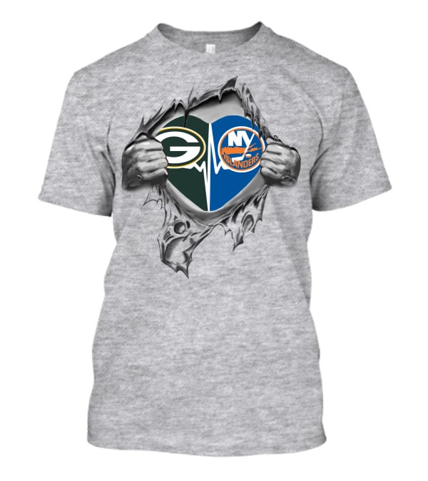 Green Bay Packers New York Islanders Heartbeat Fan Passion T-Shirt
