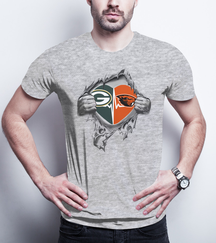 Green Bay Packers Oregon State Heart Logo With Hands T-Shirt