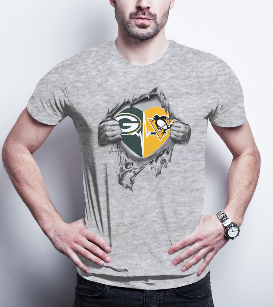 Green Bay Packers Pittsburgh Penguins Heartbeat Fusion T-Shirt