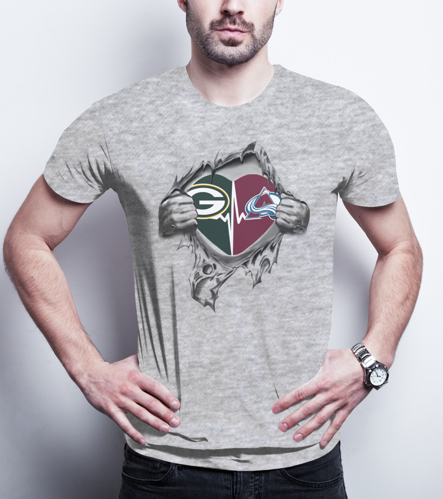 Green Bay Packers And Colorado Avalanche Heart With Silver Hands T-Shirt
