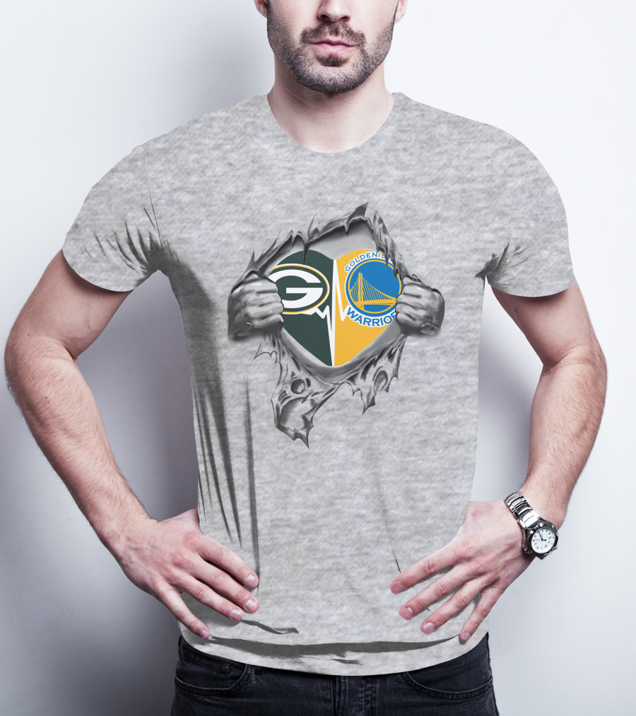 Green Bay Packers Golden State Warriors Logos In Torn T-Shirt