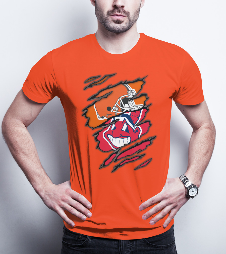 Cleveland Browns Helmet Retro Indians Chief Wahoo Claw Marks Logo Combination T-Shirt