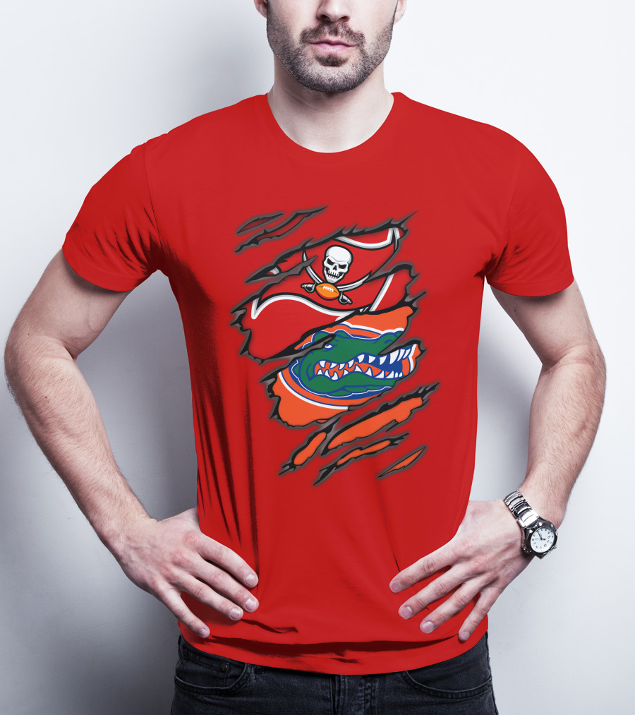 Buccaneers Gators Skull Football And Alligator Dual Logo Burst T-Shirt
