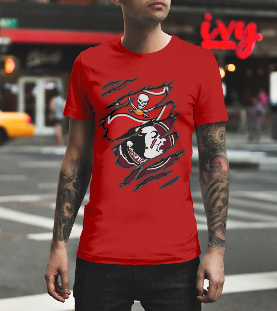 Buccaneers Seminoles Skull And Tomahawk Football Fusion T-Shirt
