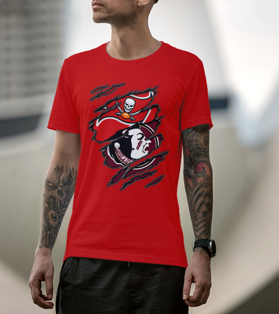 Buccaneers Seminoles Skull And Tomahawk Football Fusion T-Shirt