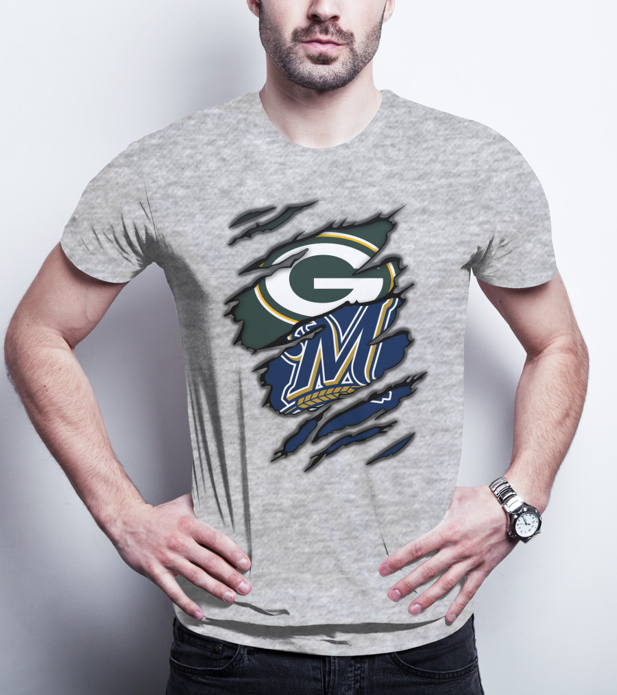 Green Bay Packers Milwaukee Brewers Logos Torn Claw Marks T-Shirt