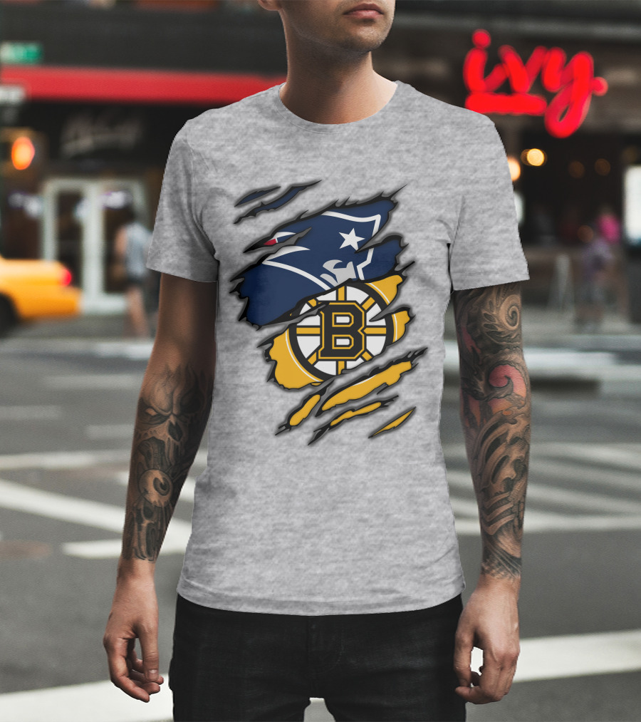 Patriots Bruins New England Football Boston Hockey Fan Collaboration T-Shirt