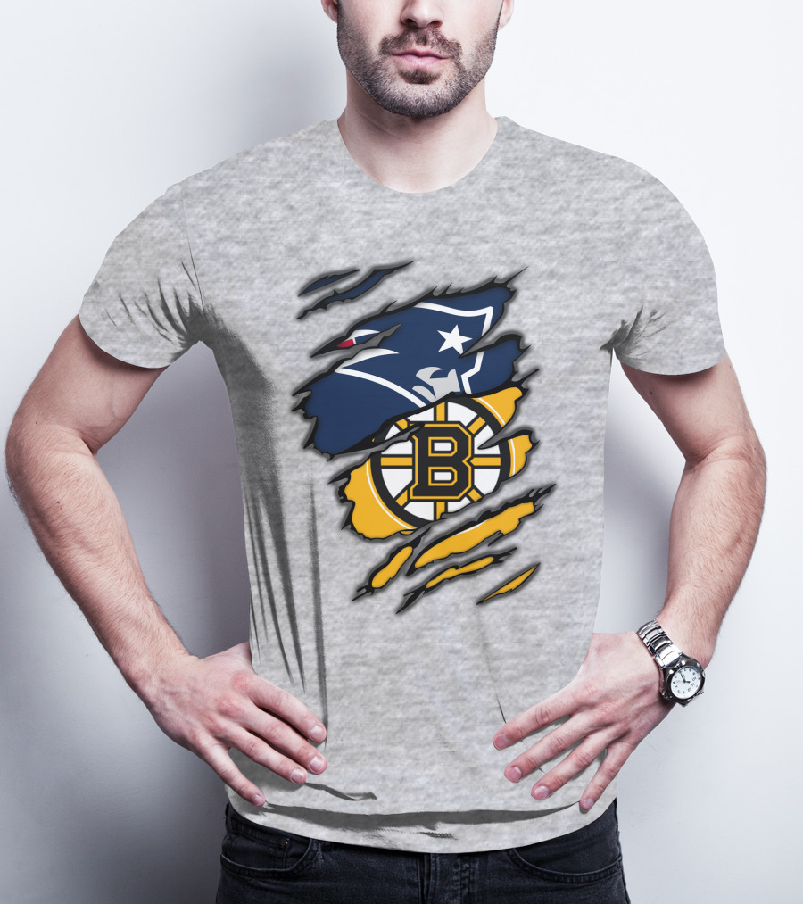 Patriots Bruins New England Football Boston Hockey Fan Collaboration T-Shirt