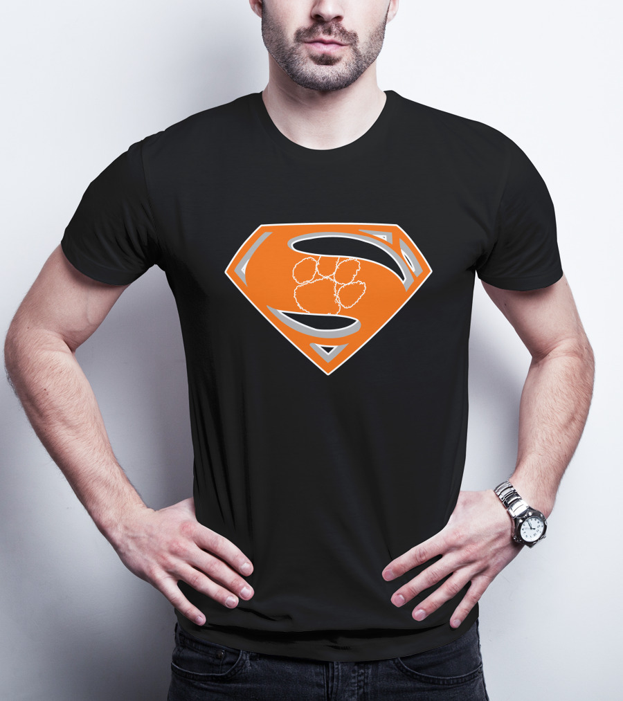 Superman Logo With Clemson Tigers Paw T-Shirt