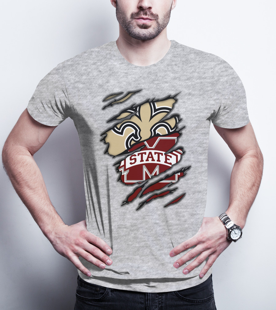 Saints Mississippi State Bulldogs Fleur-de-Lis Logo Combo T-Shirt